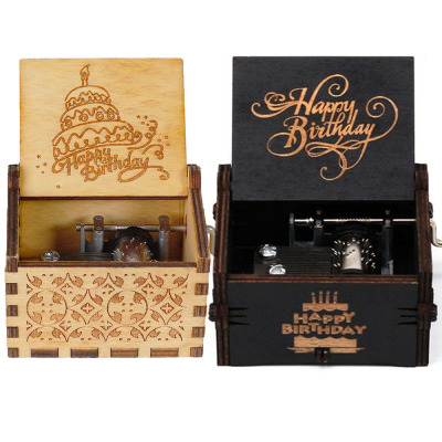 Carved Wooden Hand Crank Music Box Happy Birthday Christmas