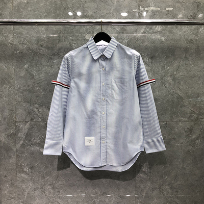 TB衬衫女士双袖织带条纹长袖衬衣