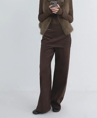 RARELY  假两件麂皮阔腿裙裤 咖色