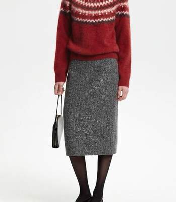 樟度 意大利进口MTT/Moessmer珠片花呢后开衩中长裙/半裙