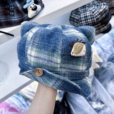 纽扣格子猫耳朵布包八角帽女显脸