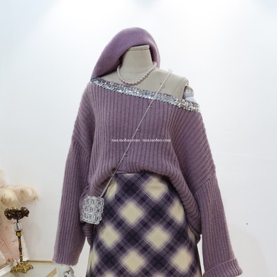 紫色亮片斜肩锁骨宽松慵懒毛衣