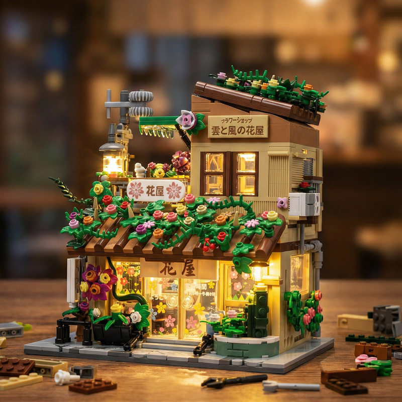 汇及积木日系杂物店花屋别墅街景拼装积木儿童益智玩具桌面摆件