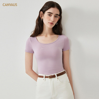 CANVAUS极简风女装新款亲肤短袖圆领面膜T恤装纯色修身显瘦打底衫