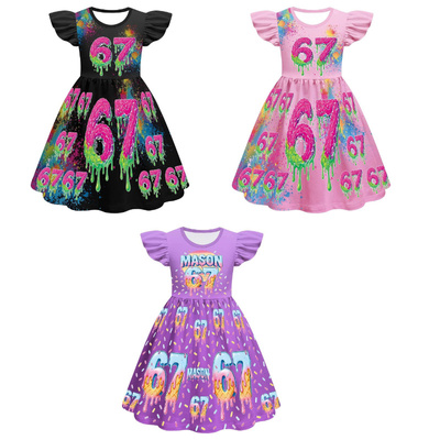 新款飞飞袖cosplay StealaBrainrot六七儿童连衣裙夏季短袖公主裙