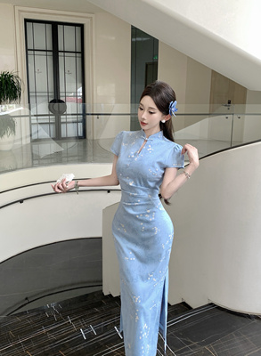 Mimo dk如初新中式国风蓝色提花改良旗袍女绝美旗袍领连衣裙