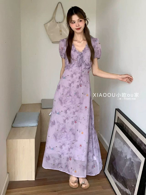 夏季新款韩版时尚百搭显瘦V领碎花茶歇裙法式高级连衣裙