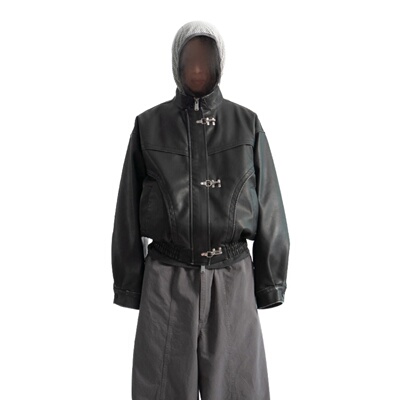 韩国代购复古扣件机车皮夹克做旧