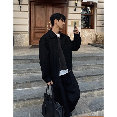 韩国代购条纹结构短款翻领夹克