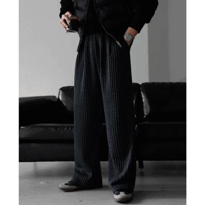 韩国代购坑条松紧腰宽松直筒长裤