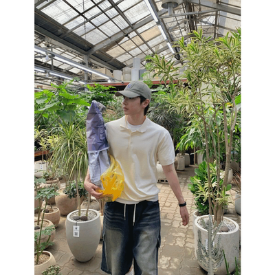 韩国代购单扣翻领针织短袖夏季T