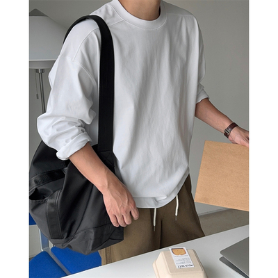 韩国男装高品USA棉十字拼接长袖T