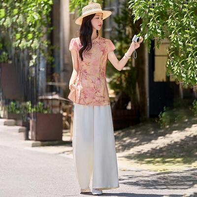 母亲节妈W9029套妈套装夏长季新气款质领盘扣上衣裤两件套立裤