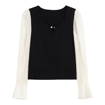 天谜套头V领喇叭袖拼接针织衫