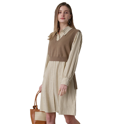 天谜假两件A版百褶衬衫针织拼接