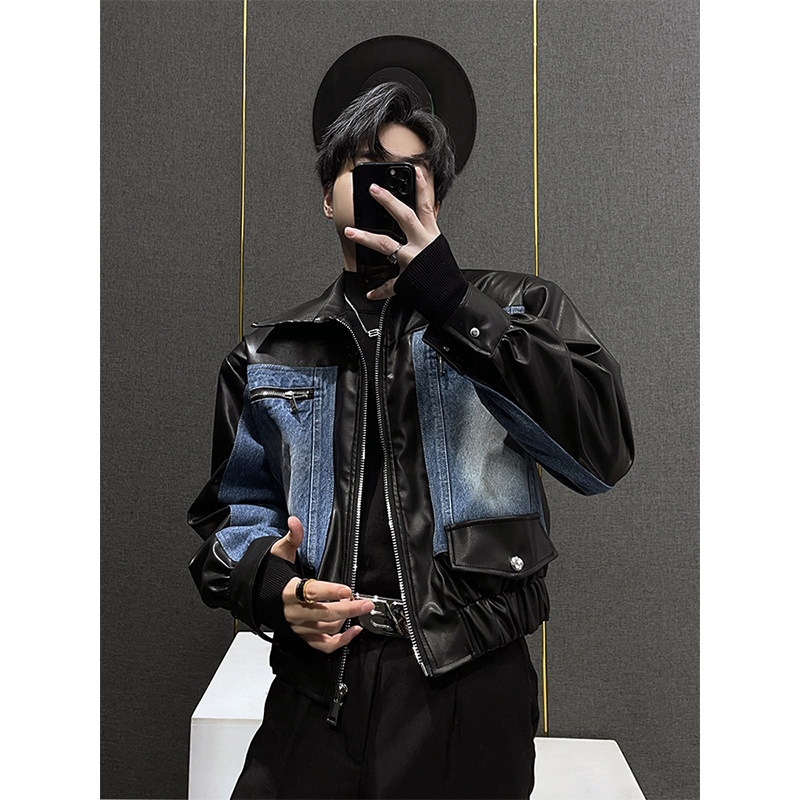 复古拼皮牛仔外套男春秋季小众拼接设计韩版潮牌短款夹克休闲上衣