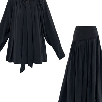 韩系气质设计感飘带长袖衬衫+半裙女秋季新款慵懒感套装9776