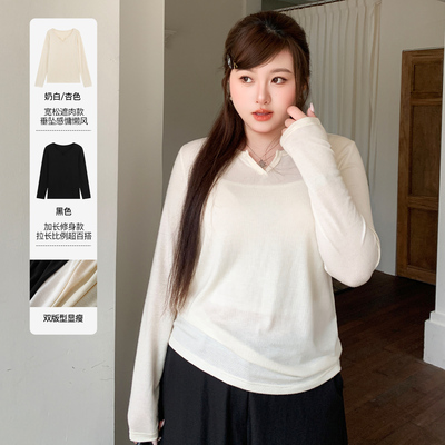 YUZI鱼子三色V领上衣凉感微胖