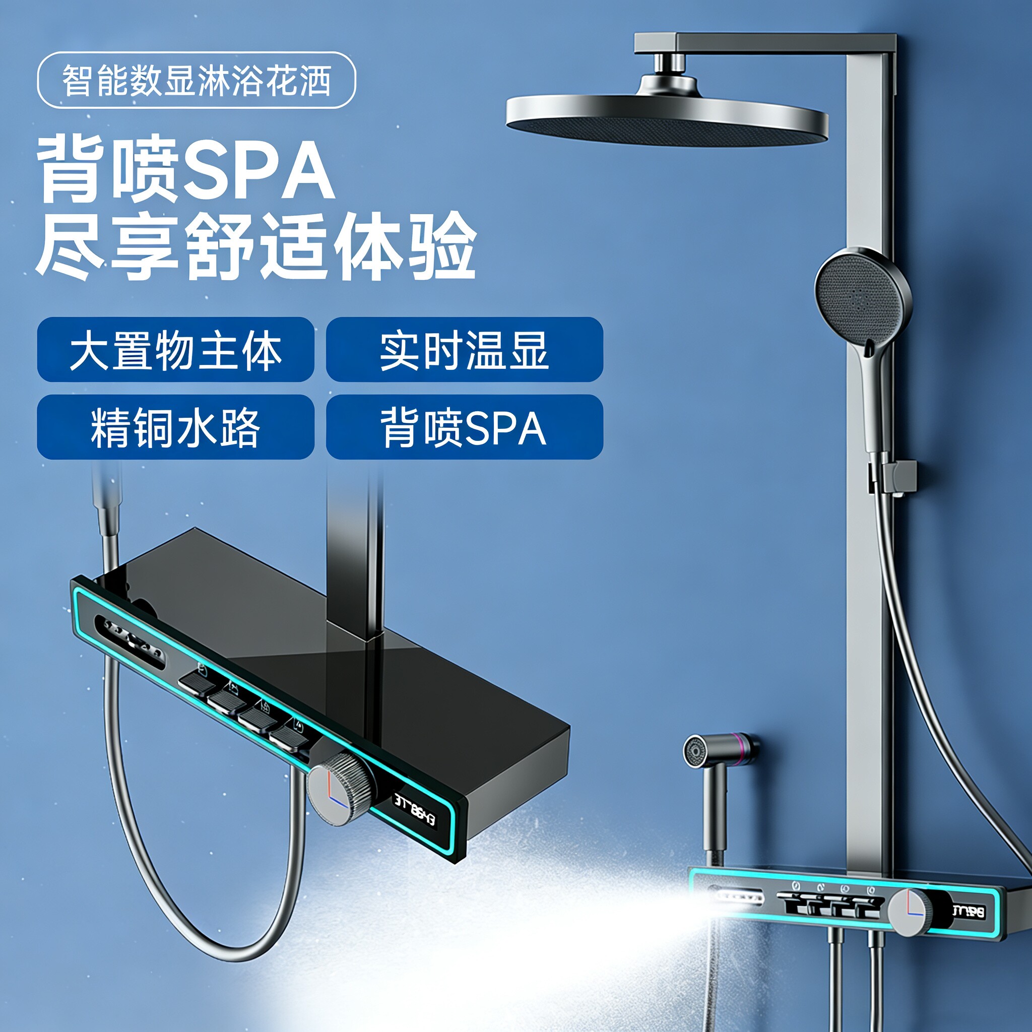 新款智能数显恒温花洒套装背喷按摩精铜水路卫生间增压淋浴器花洒