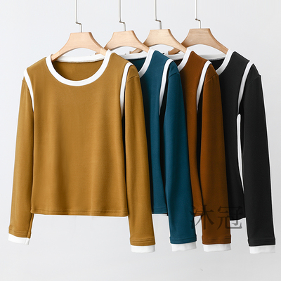 阳离子德绒拼色长袖T恤女秋冬