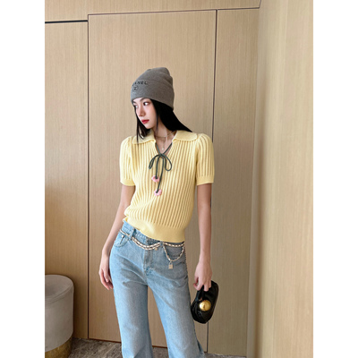NancyCavally花朵系带微孔针织T