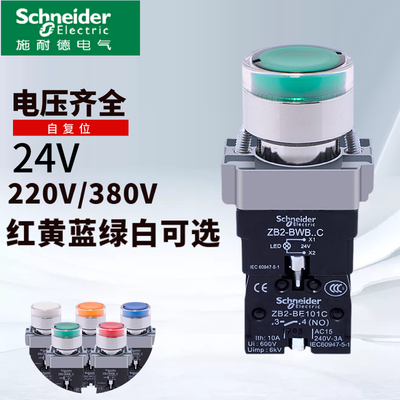 施耐德带灯按钮开关自复位绿色常开XB2BW33B1C XB2BW34M1C24V220V