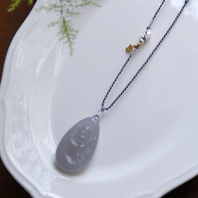 慈云渡紫 小荷才露原创和田玉烟紫弥勒佛佛公玉坠新中式挂绳 孤品