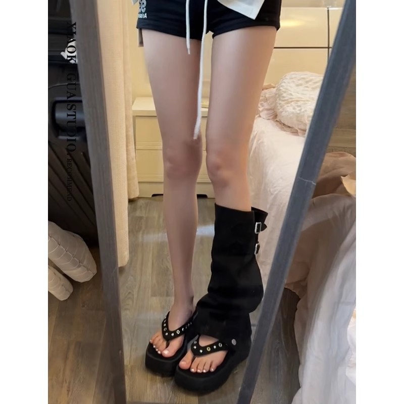 复古两穿夹趾堆堆靴女2025夏季新款厚底人字高筒罗马凉鞋裤管靴潮