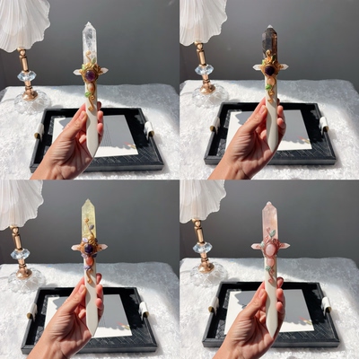 天然水晶六棱柱子白粉黄牛骨工艺品刀剑魔法匕首十字架权杖送礼物