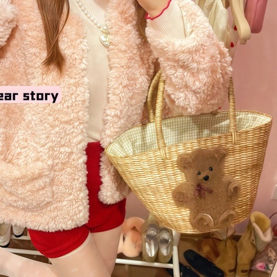 龙心plmm毛绒小熊菜篮子草编包