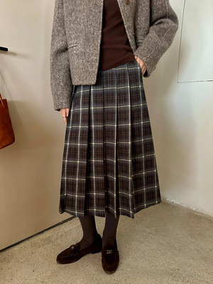 复古学院风格纹半身裙女2025秋季新中长款a字裙百褶半身长格子裙