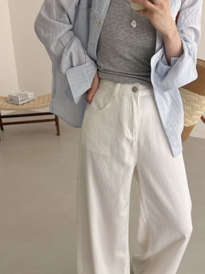 莱赛尔竖条纹白色牛仔阔腿裤女2026夏新款九分白裤显瘦白裤子2483