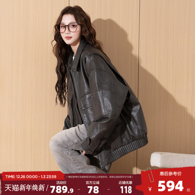 唐狮2025秋冬季女款短款羽绒服外套仿皮衣翻领开衫鸭绒保暖棕色