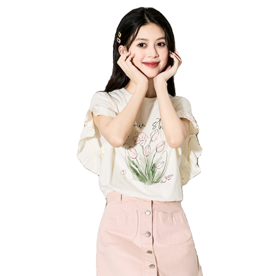 唐狮花边袖短袖T恤女夏季新款设计感甜美上衣洋气小衫爆款sz