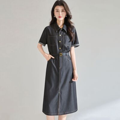 2026夏季简约通勤翻领短袖仿牛仔衬衫连衣裙收腰直筒中长裙25763