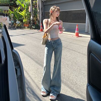 浅蓝色微喇牛仔裤女秋季2025新款高个子加长不贴腿垂感低腰喇叭裤
