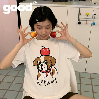 美好商店MeihaoStore苹果小狗apple dog印花全棉基础短袖T恤