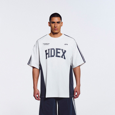 藏蓝M现货金珉奎同款HDEX 25夏美式复古拼接运动短袖T恤韩国代购