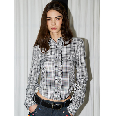 LARTIGENT 25秋季新品复古格纹褶皱设计感风琴边长袖衬衫韩国代购