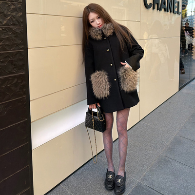 【Avocadong1/8AM10:00】黑色羊驼毛拼接皮草大衣外套（可拆卸）