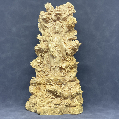 正宗小叶黄杨木九龙观音佛像摆件