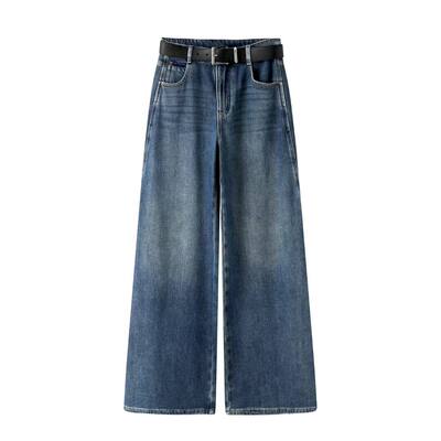 A563新款时尚百搭高腰直筒长裤阔腿休闲牛仔裤女324019