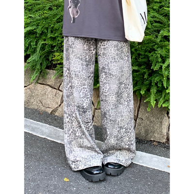 豹纹宽松阔腿直筒低腰休闲裤女秋季韩版小个子显瘦裤子