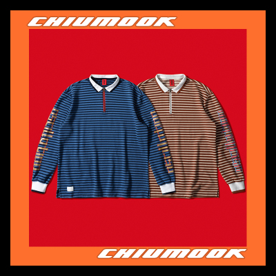 OSCILL 中式笔画 宽松半拉链条纹长袖加厚POLO衫 国潮