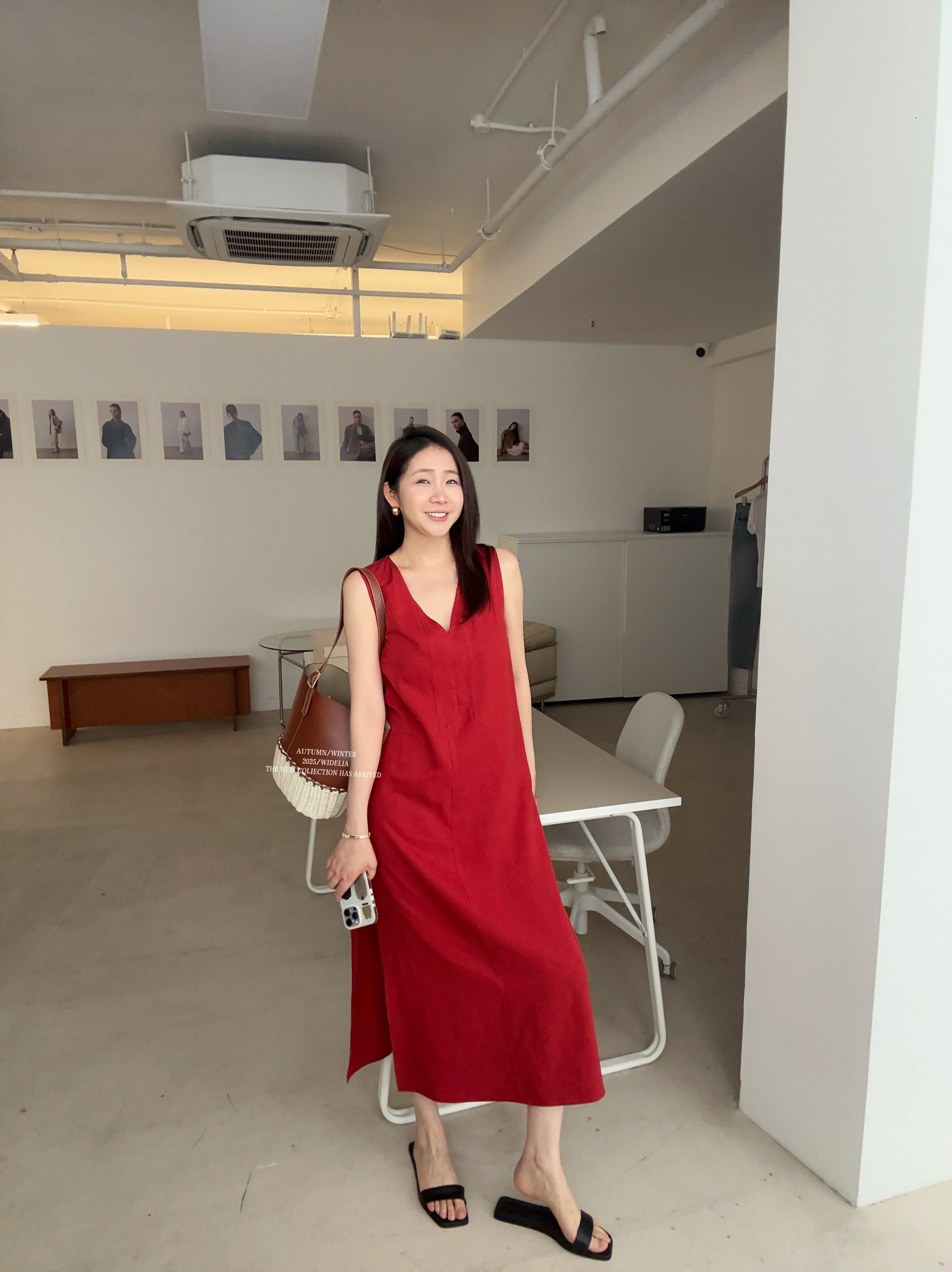 WIDELIA极简V领显瘦连衣裙背心裙女夏新中式气质宽松无袖长裙7359