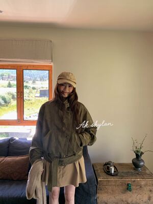 AKskylan复古麂皮绒腰带收腰立领短外套女秋冬宽松休闲夹克衫