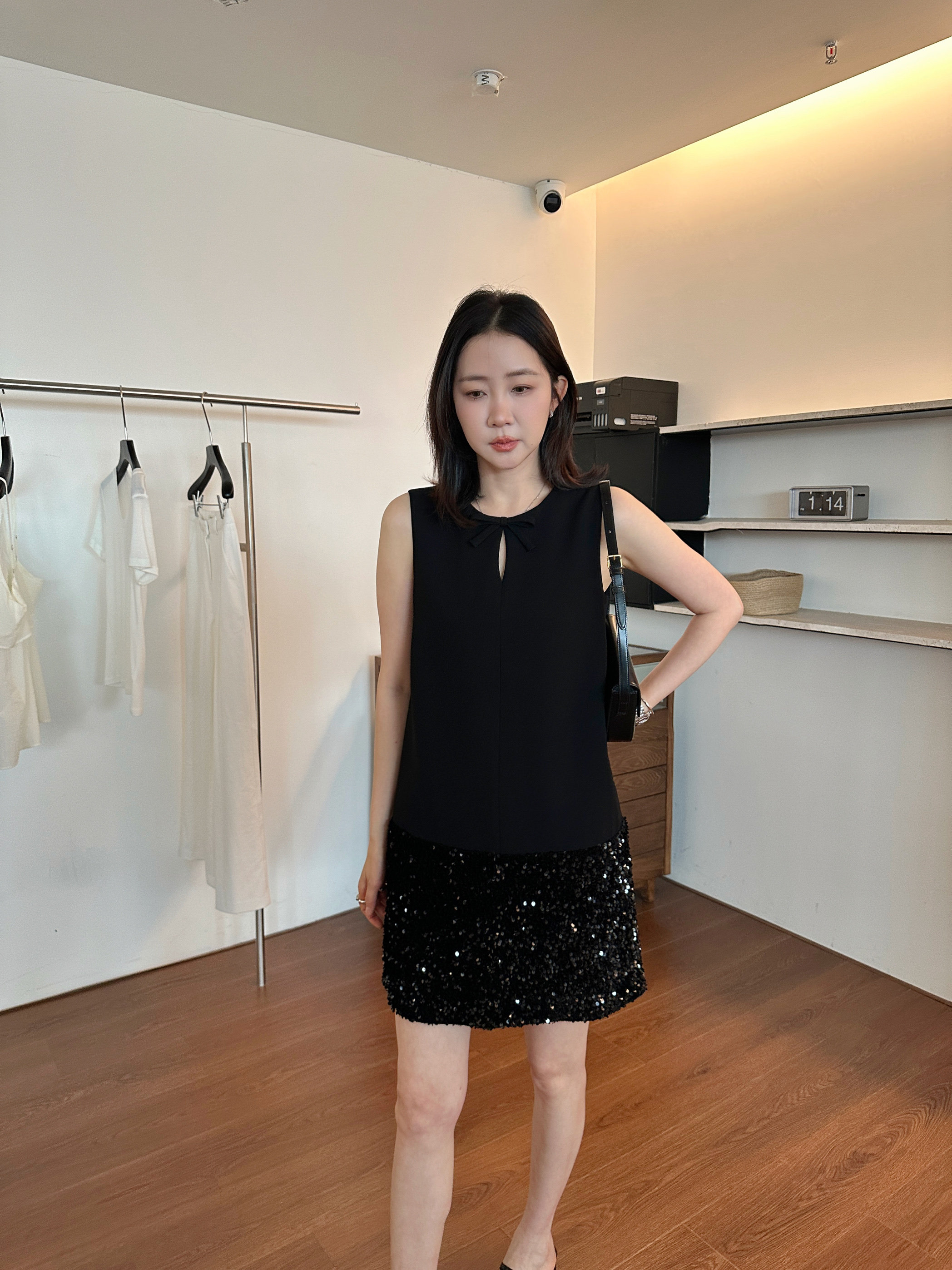 WIDELIA2024夏季气质蝴蝶结重工亮片名媛优雅小香风无袖连衣裙女