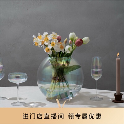 英国LSA Pearl彩虹泪珠贝母色手工球形玻璃花瓶北欧透明渐变色