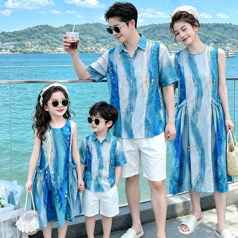 旅游度假母女连衣裙亲子装一家三口四口海边沙滩父子衬衫家庭套装