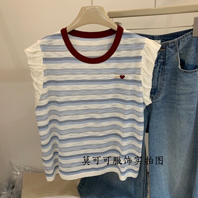 夏薄款蓝白条纹木耳边针织衫女